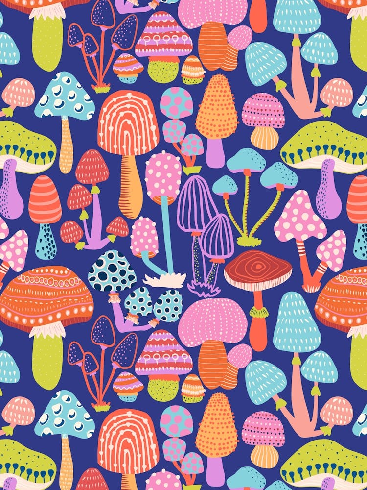 Mushroom Magic Neon Hand Drawn Botanical Fungus Art Print by Sandra ...