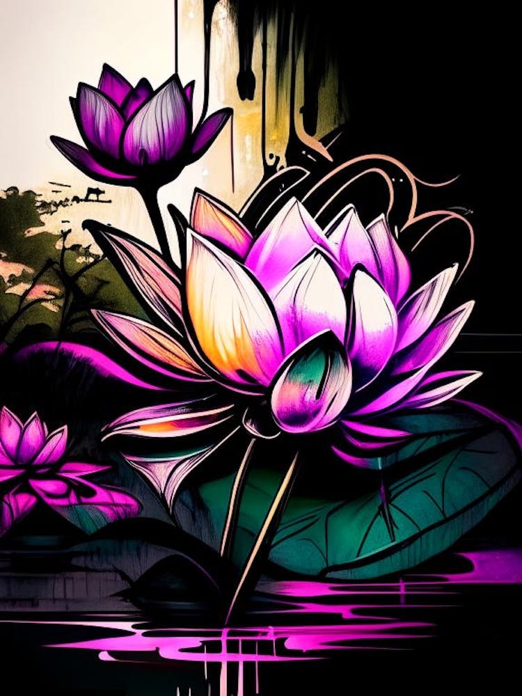 Lotus Flowers In Park Graffiti 6 Art Print by The Artsy Florist – Fy!