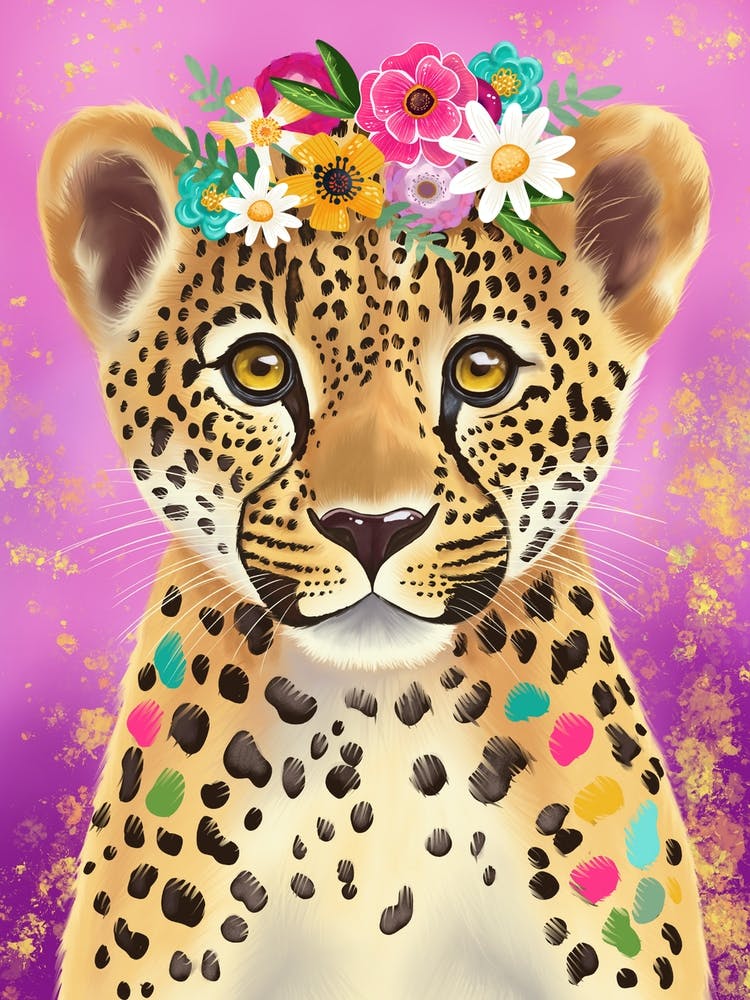 Leopard with flowers on a pink background Art Print by Aniet ...