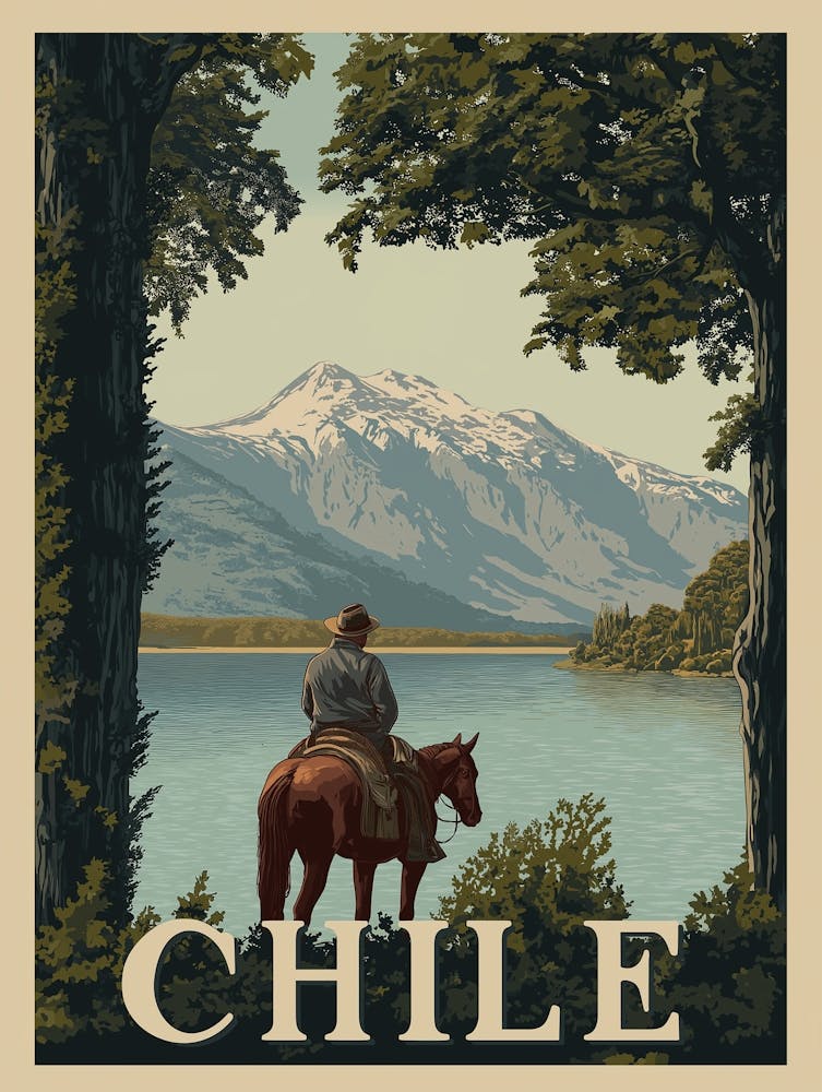 Chile Vintage Travel Poster | Andes Mountain & Horseback Rider Art Art ...