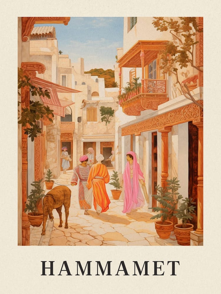Hammamet Tunisia 4 Vintage Pink Travel Illustration Poster Art Print by ...