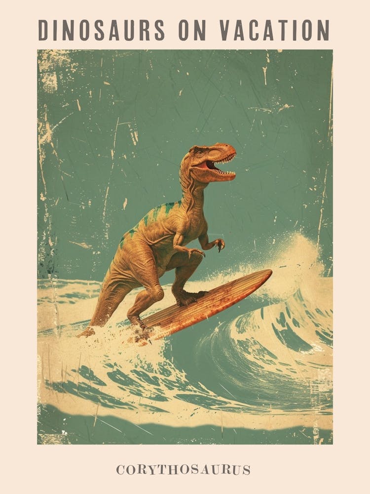 Vintage Corythosaurus Dinosaur On A Surf Board 2 Poster Art Print by ...