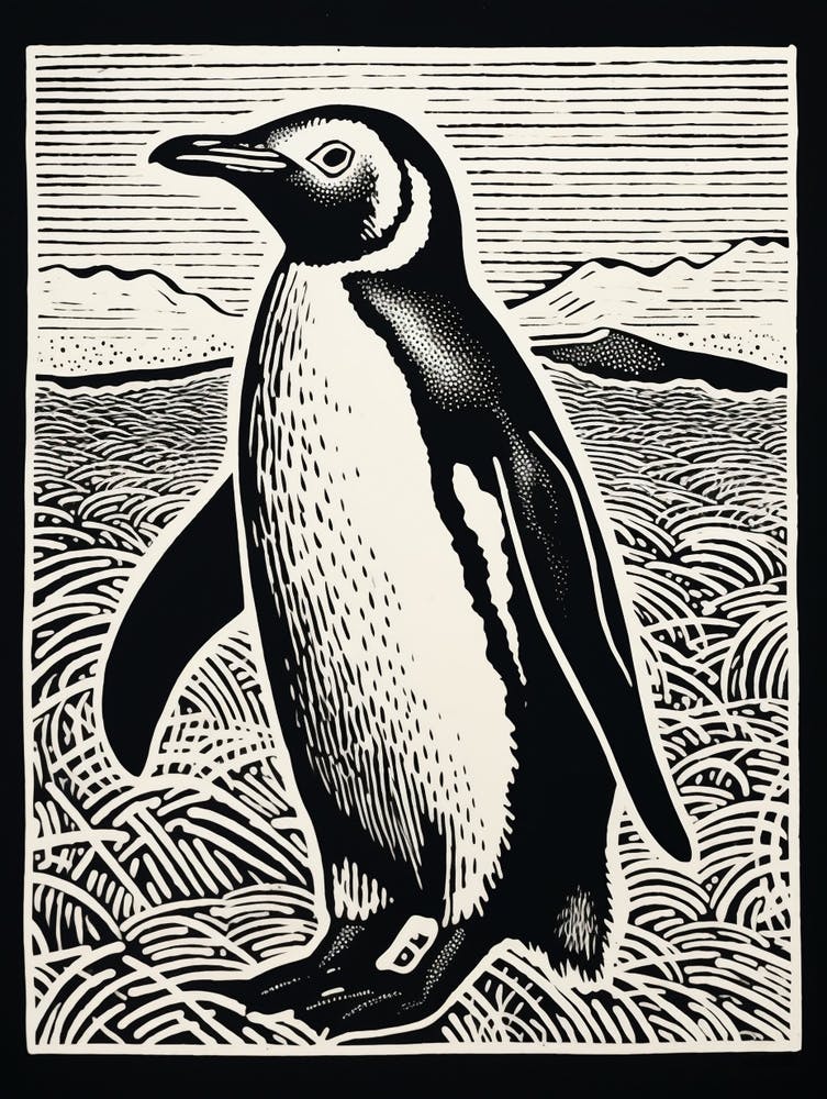 B&W Bird Linocut Penguin 4 Art Print by Feathered Muse – Fy!