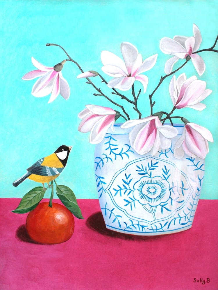 Magnolia And Mandarin Orange With Bird Art Print by Sally B – Fy!