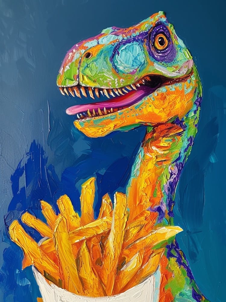 Dinosaur Eating Fries Blue Background Art Print by Dino Delights – Fy!
