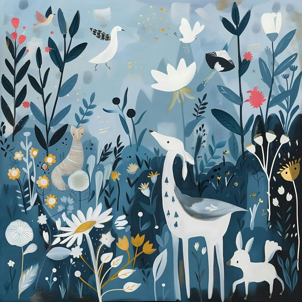 Deer In The Meadow, Naïve Folk Art Print by Moisky – Fy!