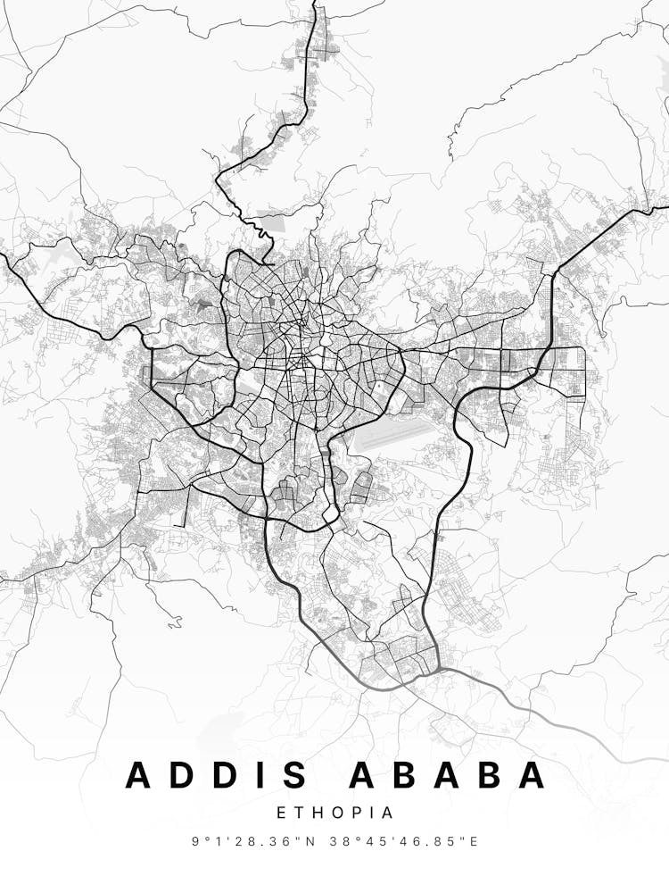 Addis Ababa Ethiopia White Map Art Print by The Map Merchant – Fy!