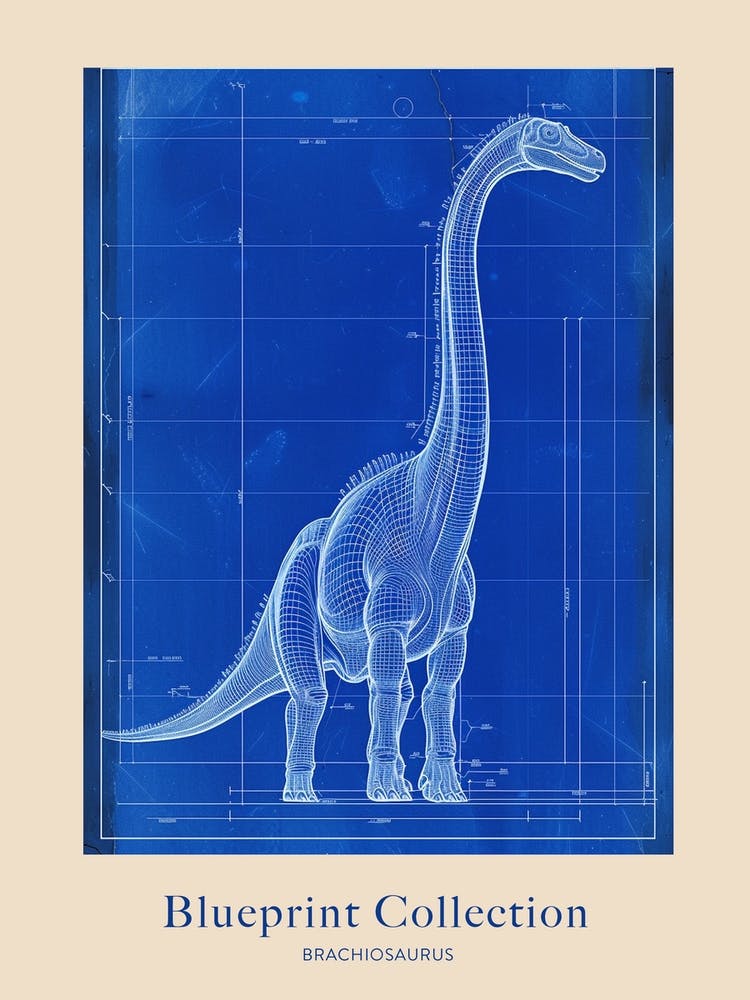 Brachiosaurus Dinosaur Blue Print Sketch 3 Poster Art Print by Dino ...