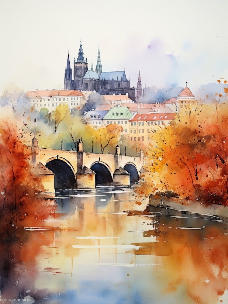 Prague Czech Republic In Autumn Fall, Watercolour 3 Art Print by Travel ...