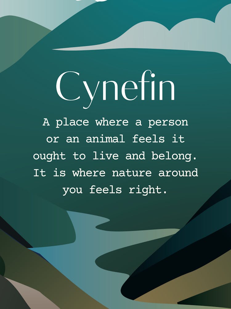 Welsh Cynefin Quote Blue Mountains and River Art Print by Ty Siani – Fy!
