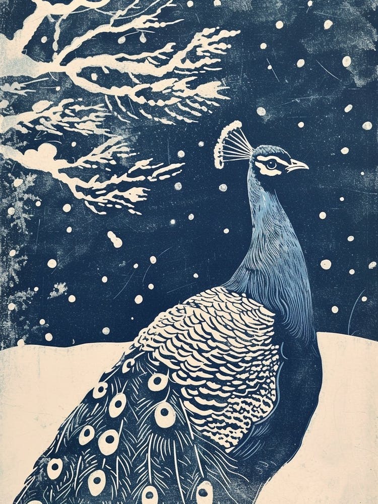 Blue Linocut Peacock Snow Scene 1 Art Print by Featherline – Fy!
