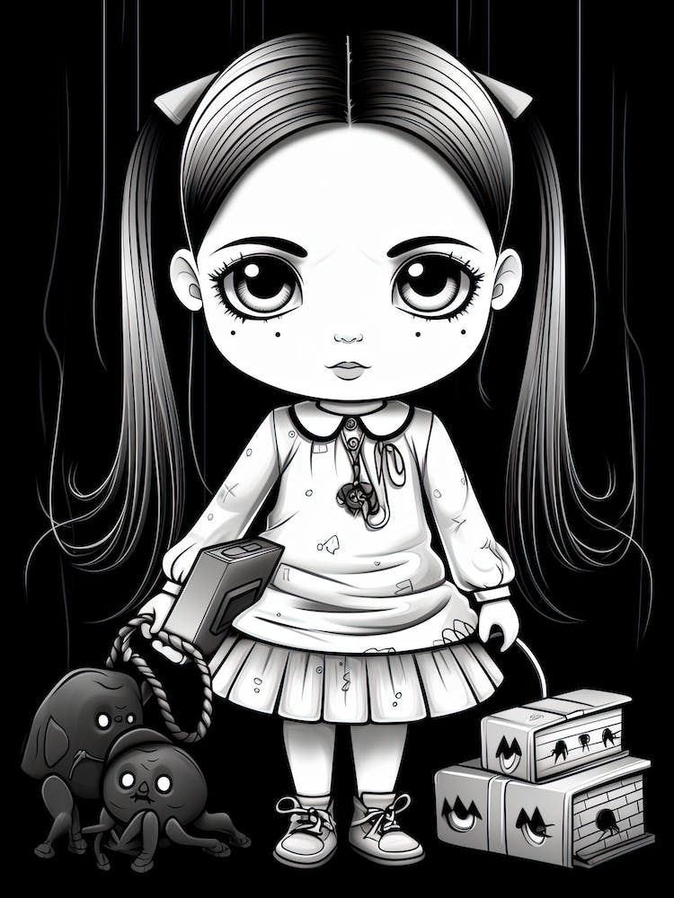 Cartoon Of Wednesday Addams Line Art 3 Fan Art Art Print by Fusion ...
