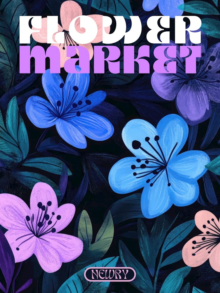 Newry city print flower market poster in dark blues, retro aesthetic ...