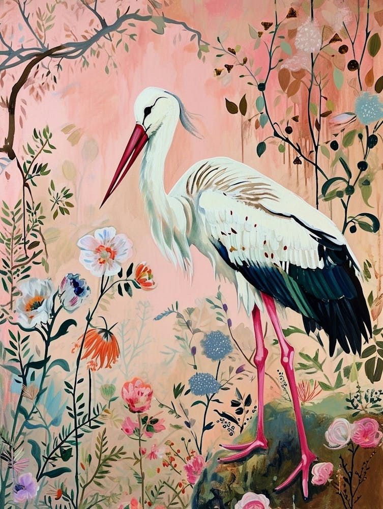 Floral Animal Painting Stork 2 Art Print by Ritual Art Prints – Fy!