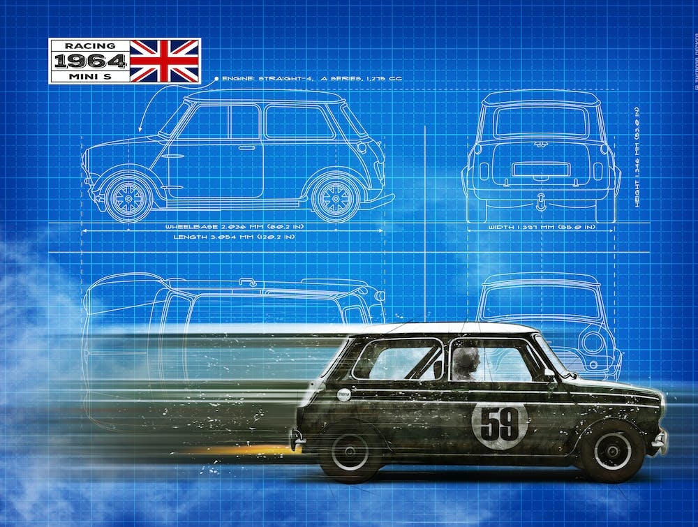 Racing Mini S, Blueprint Art Print by Theo's Picture Factory – Fy!