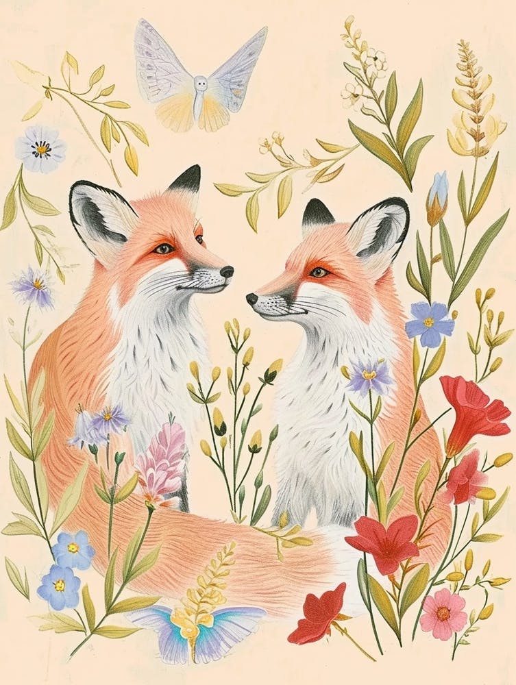 Folksy Floral Animal Drawing Fox 9 Art Print by Scribble Studio – Fy!