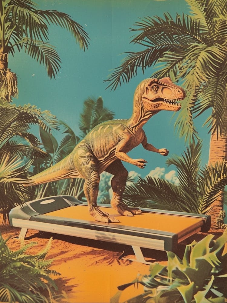 Dinosaur On The Treadmill Retro Collage 2 Art Print by Dino Delights – Fy!