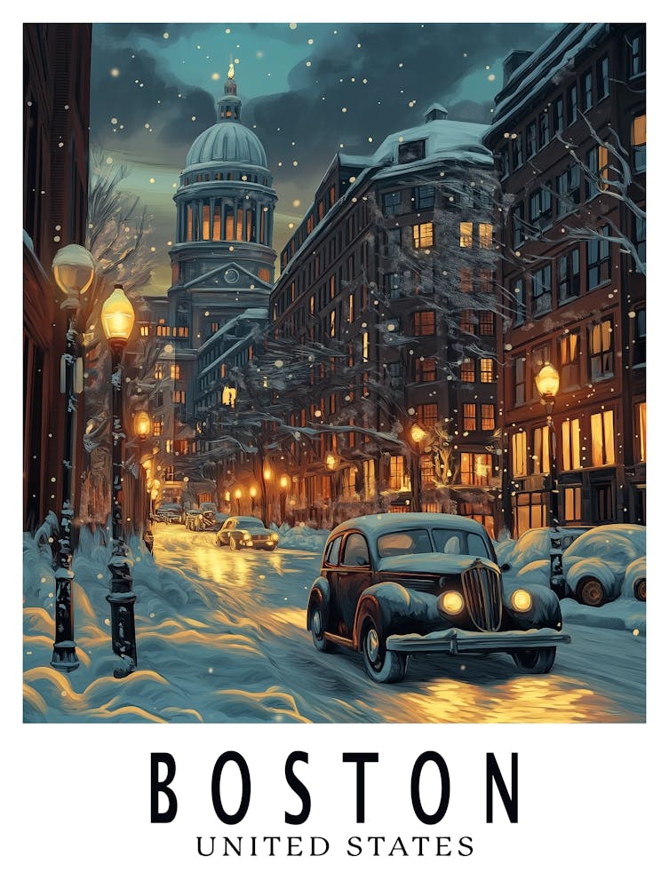 Boston in Winter Night Travel Poster Art Print by PINK RIVER – Fy!