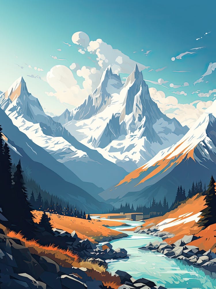 Chamonix Mont Blanc France, Ski Resort Illustration 3 Simple Style Art ...