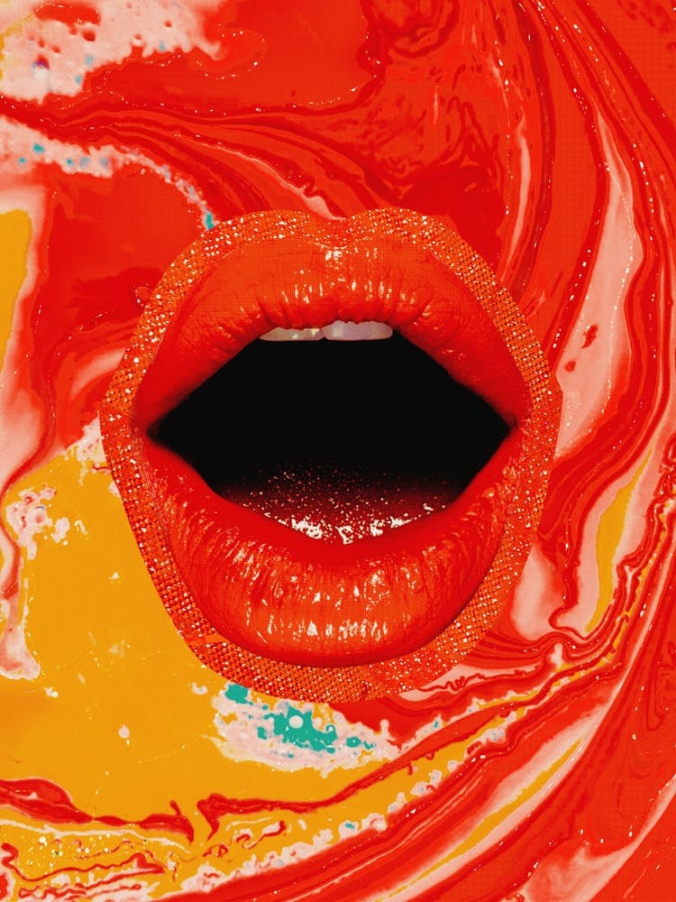Retro Lip Glitter Yellow & Red Art Print by Collage Art by Hana Brenner ...