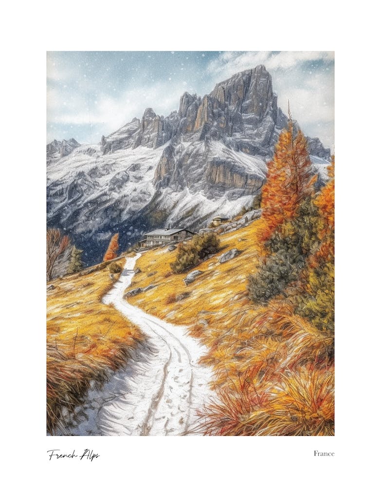 French Alps France Pencil Sketch 3 Watercolour Travel Poster Art Print ...