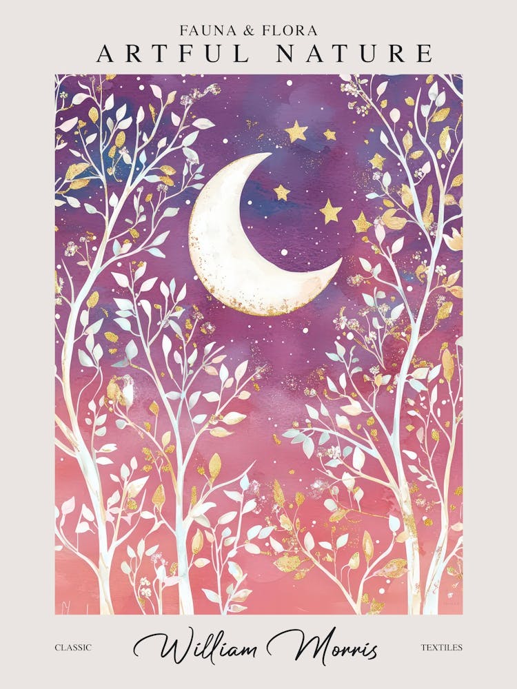 William Morris Moon Stars Botanical Pink Exhibition Art Print by Mambo ...