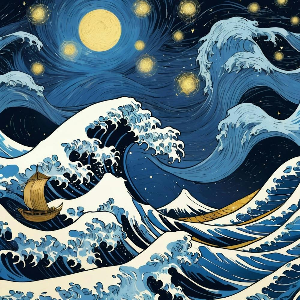 The Great Waves Off Kanagawa Logo At Starry Night Van Gogh Painting 3 ...