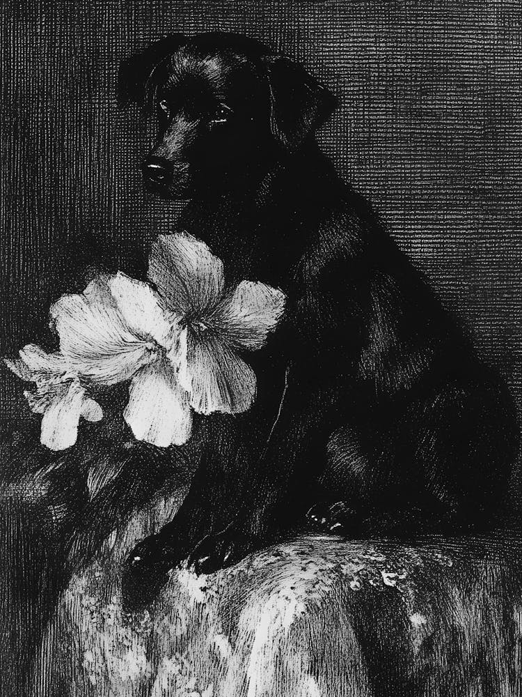 Black Labrador With Flowers Art Print by Monochrome Heaven – Fy!