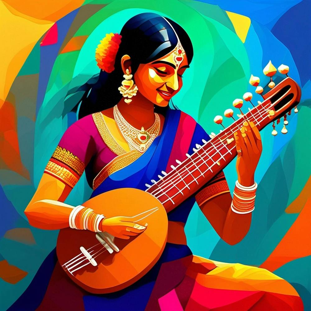 In An Oil Painting The Vibrant Essence Of A Joyous Indian Woman Playing ...