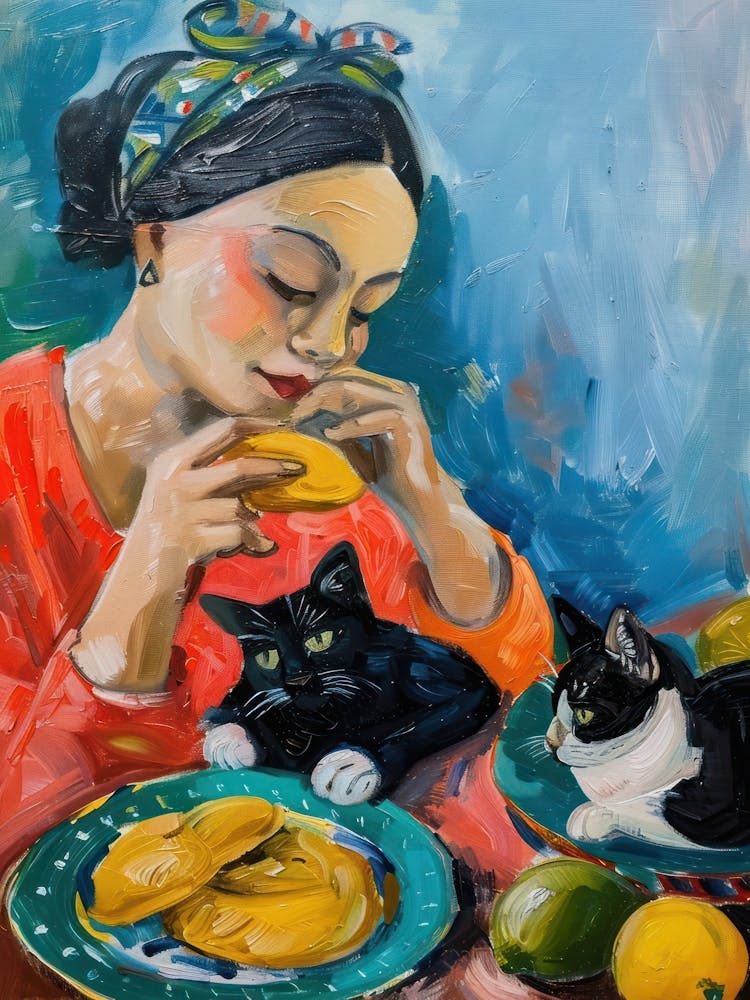 Portrait Of A Woman With Cats Having Lunch 2 Art Print by Purrfect ...