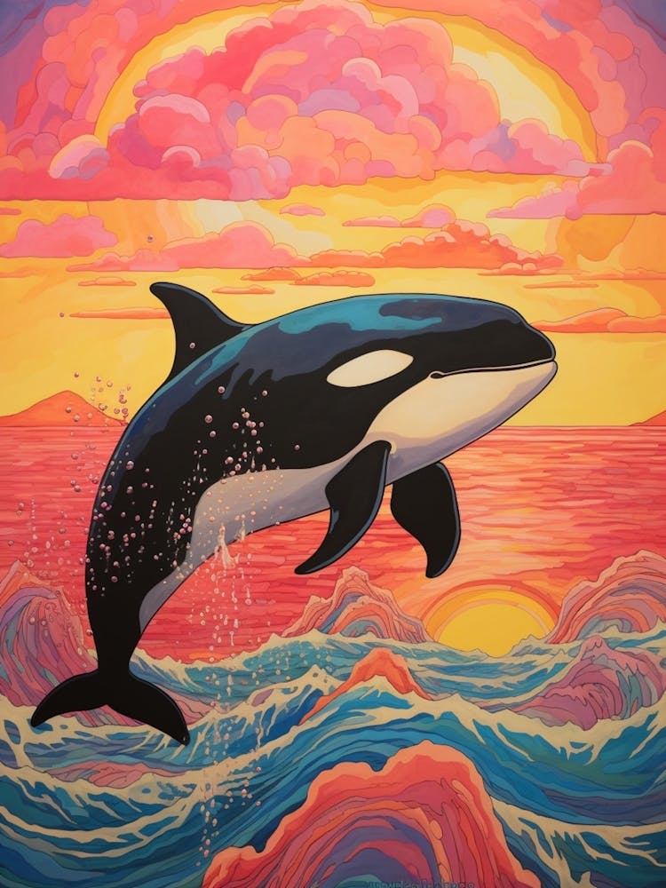 Rainbow Waves Orca Crayon Drawing 3 Art Print by Energy of the Sea – Fy!