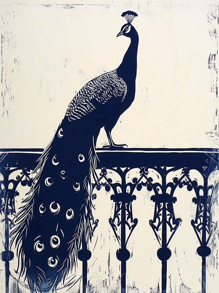 Peacock On Fancy Railing Linocut Inspired 1 Art Print by Featherline – Fy!