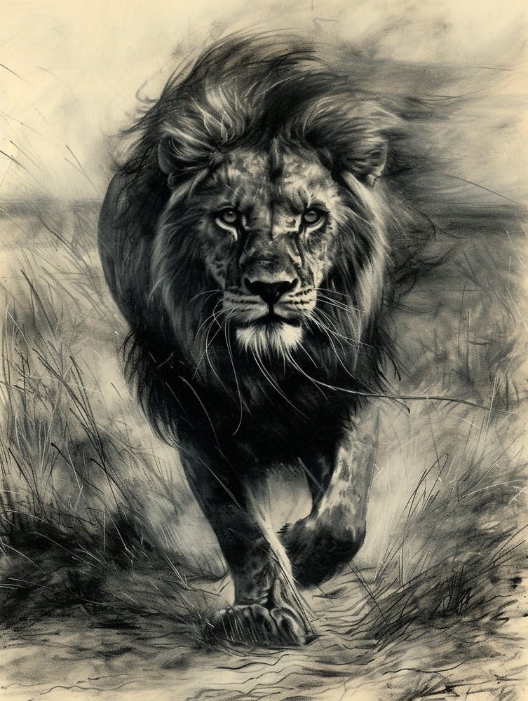 African Lion Charcoal Drawing Hunting 2 Art Print by AfricanWild ...
