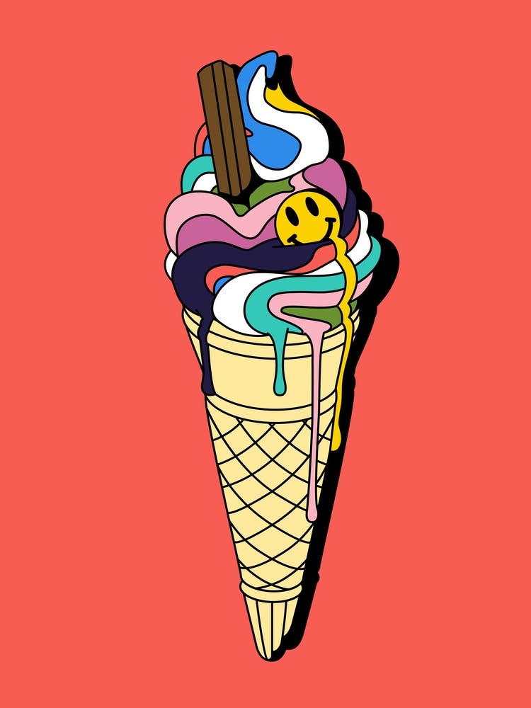 Happy Rave Psychedelic Smiley Face Ice Cream Cone Art Print by ...