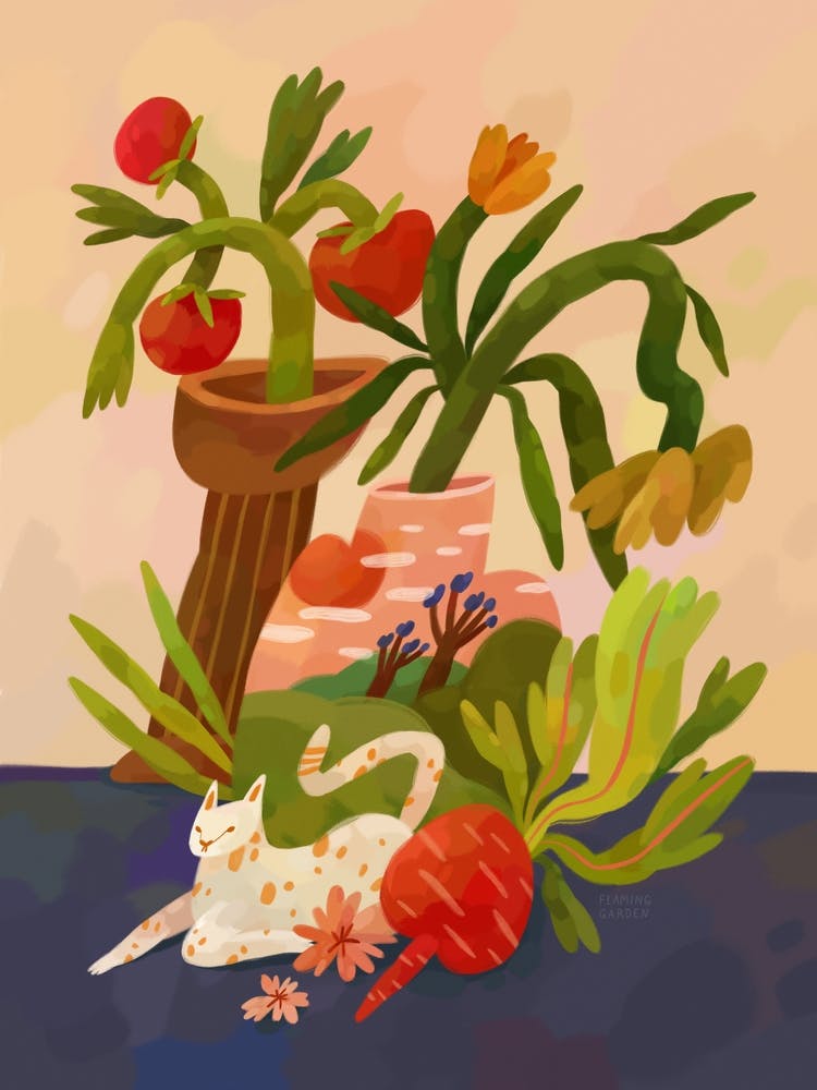 Whimsical Still Life: Vase and Cat Art Print by Flaming Garden – Fy!