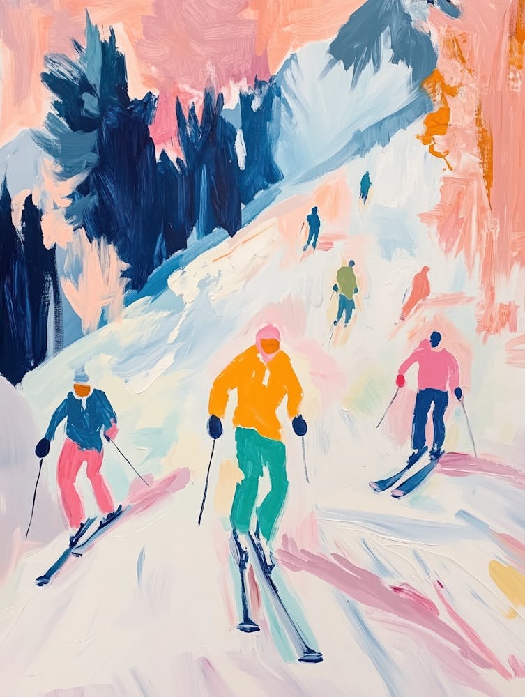 Skiers Matisse Style Winter Snow Painting Art Print by Mambo – Fy!