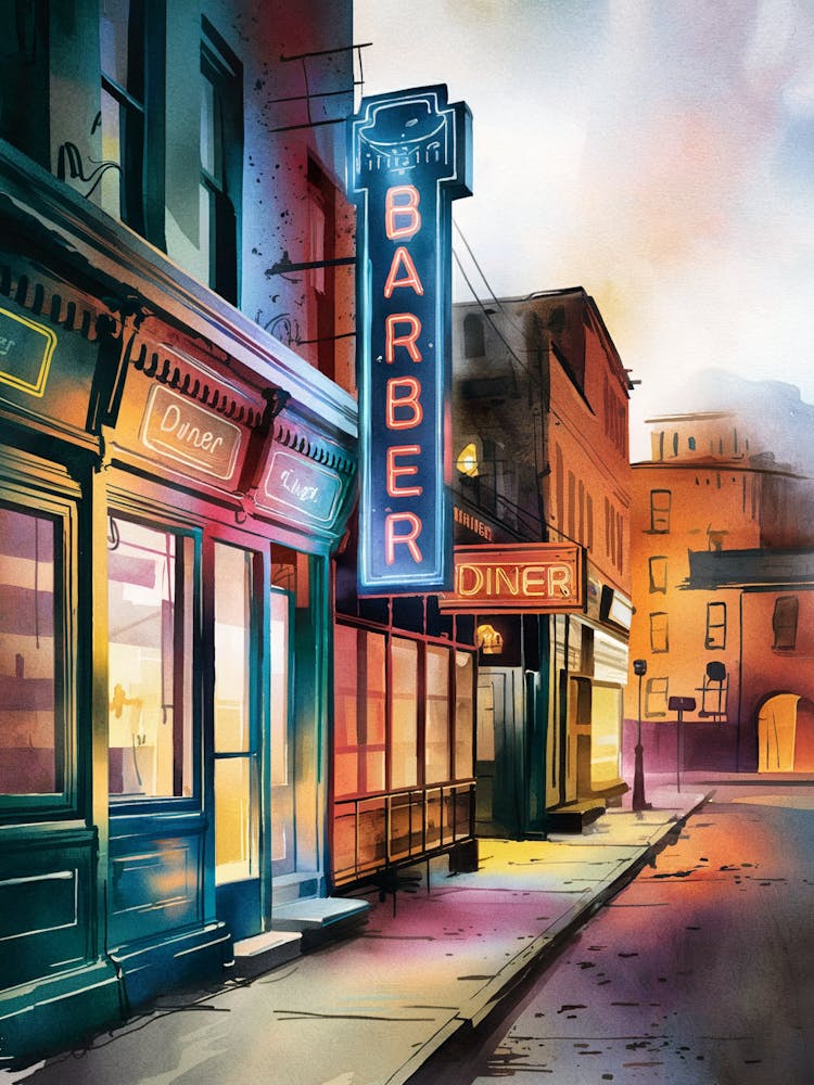 Barber Shop At Night, Anime Art Lofi Art Print by Promatic Art – Fy!