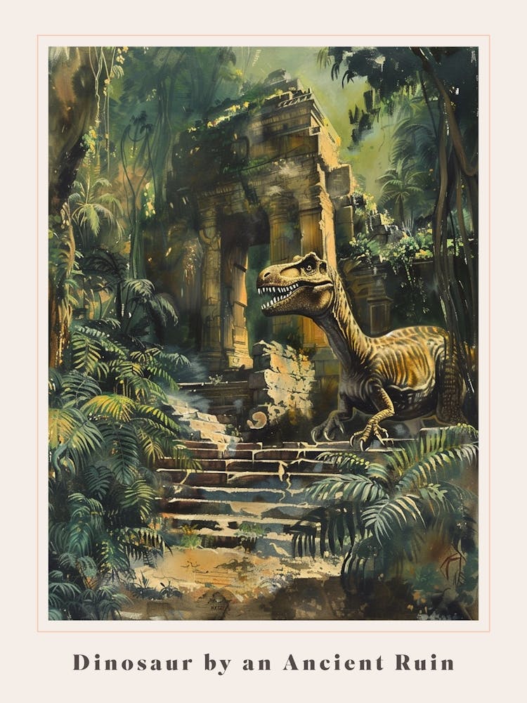 Dinosaur By An Ancient Ruin Painting 1 Poster Art Print by Dino ...