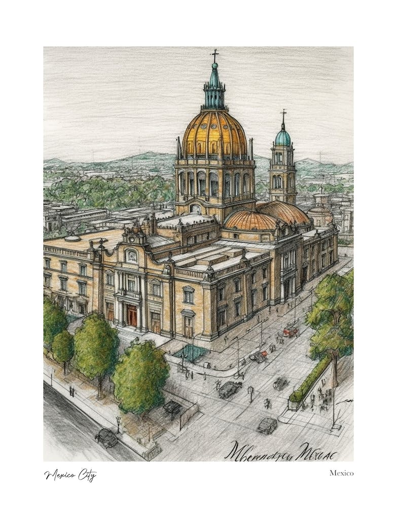 Mexico City Mexico Drawing Pencil Style 1 Travel Poster Art Print by ...