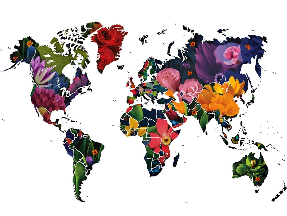 Beautiful Floral World Map Print - Vibrant Flower Map Wall Art Print by Fy!