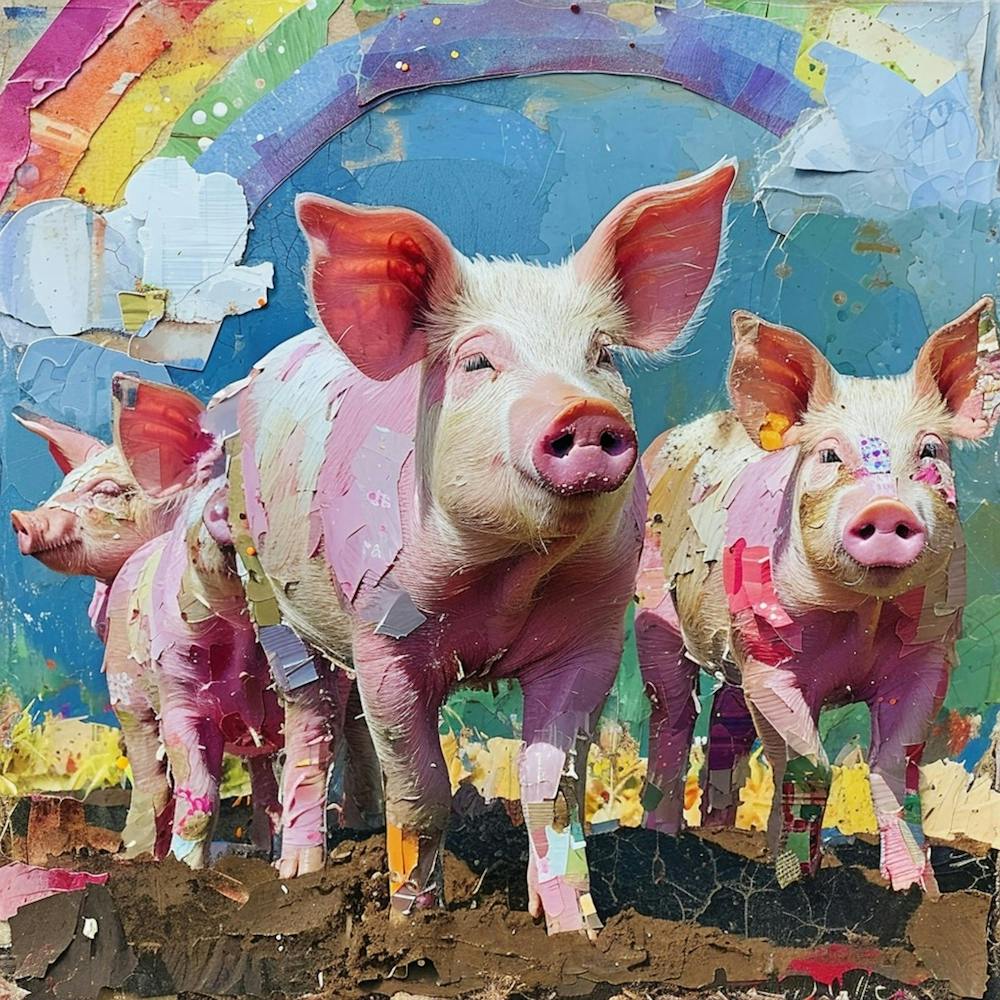 Rainbow Pigs In The Mud Collage Art Print by Bubblegum Kitsch – Fy!