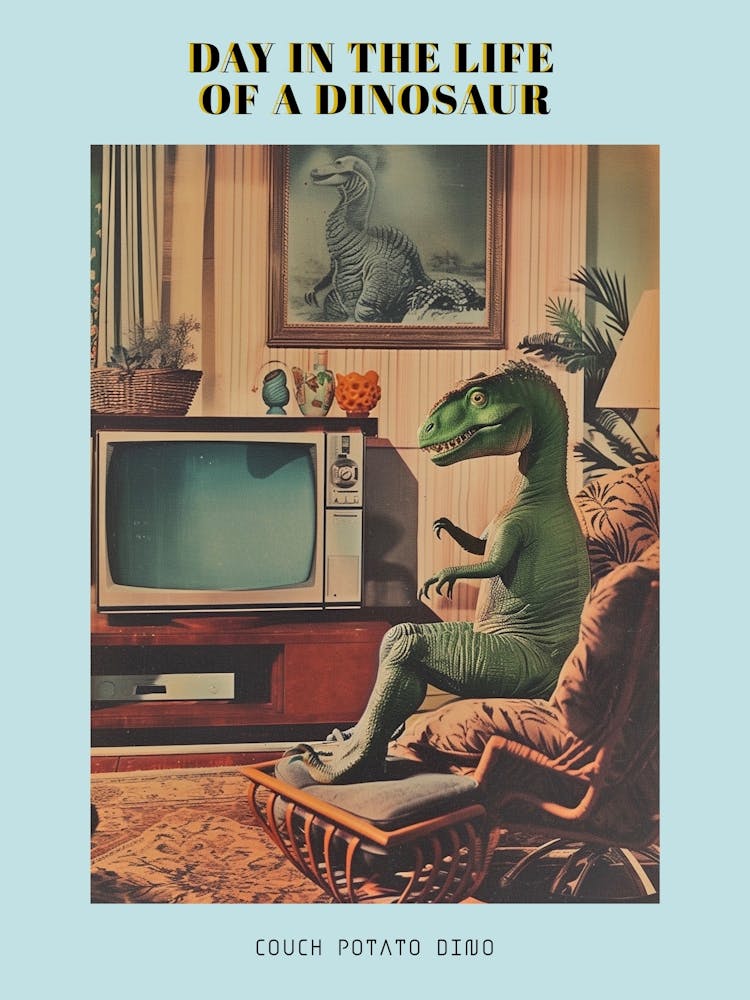 Retro Collage Dinosaur Watching Tv 1 Poster Art Print by Dino Delights ...