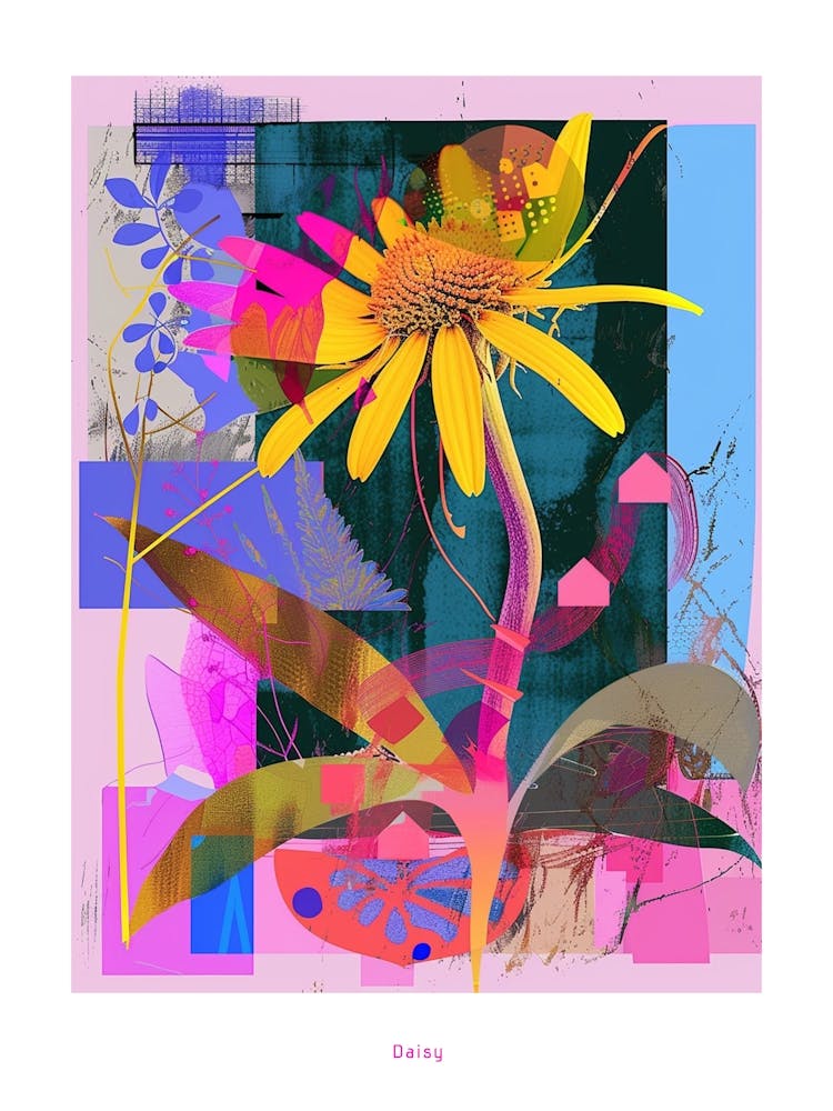Daisy 3 Neon Flower Collage Poster Art Print by Botanic Studio – Fy!