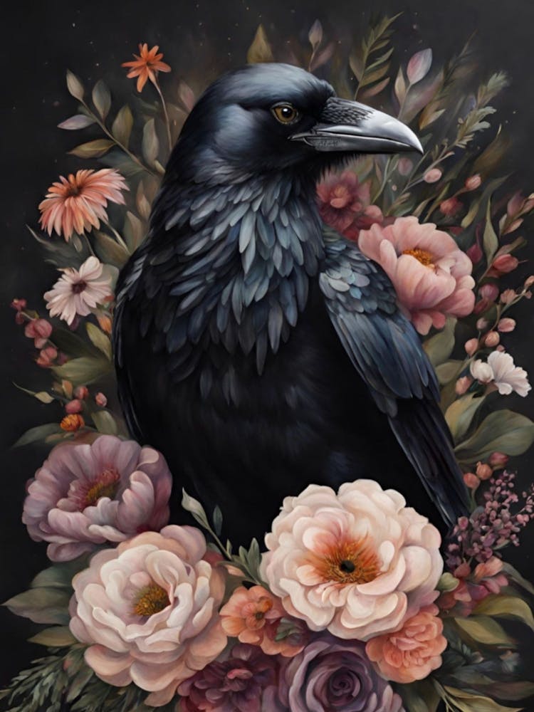 Crow with Flowers Moody Style Art Print by Angela – Fy!