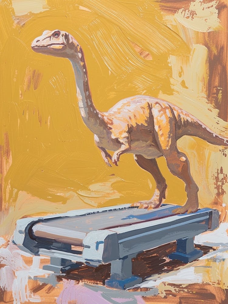 Mustard Brushstrokes Dinosaur On A Treadmill Art Print by Dino Delights ...
