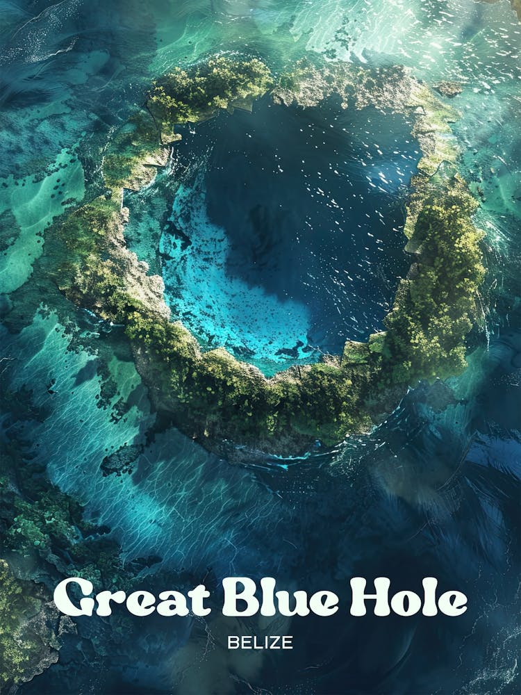 Great Blue Hole Belize Sinkhole Travel Art Illustration Art Print by ...