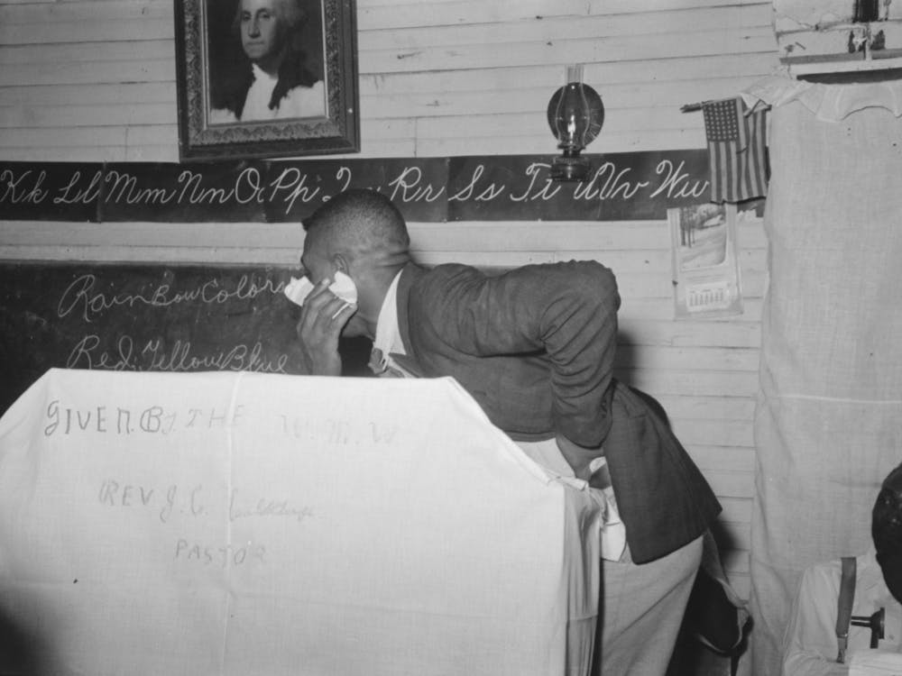 Preacher Wiping Face At Revival Meeting, La Forge, Missouri By Russell ...