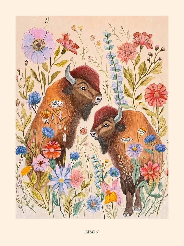 Folksy Floral Animal Drawing Bison 3 Poster Art Print by Scribble ...