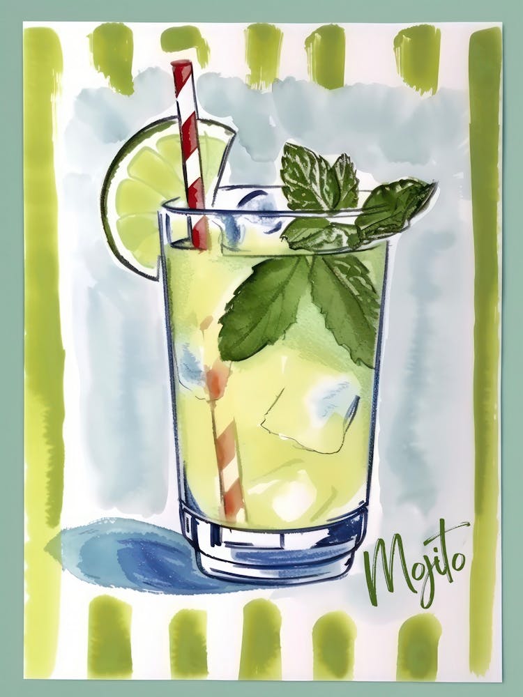 Mojito Cocktail Painting Art Kitchen Green Blue Art Print by Mambo – Fy!