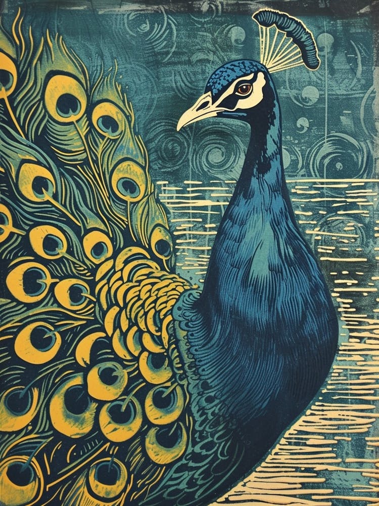 Blue Mustard Peacock & The Water Linocut Inspired 1 Art Print by ...